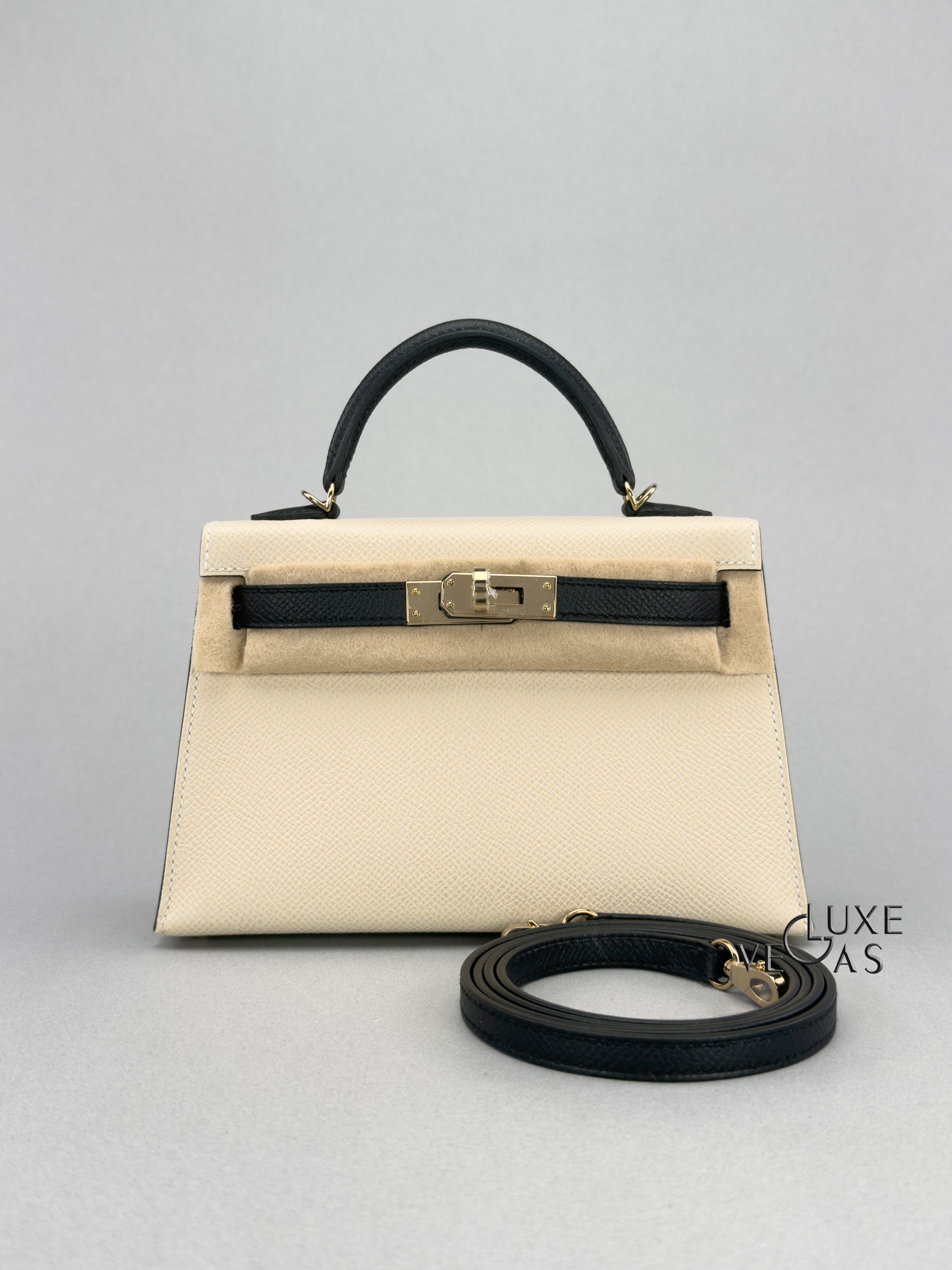 HERMES Mini Kelly 20 Sellier Epsom Panda Craie and Black HSS Permabras